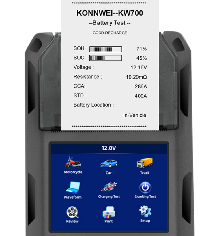 Automotive battery tester analyser for 12-24 volt systems